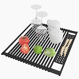 Arausk 16.7" x 14.5" Roll up Dish Drying Rack Silicone Coated Portable Dish Rack Dish Drainer Foldable Stainless Steel Over Sink Kitchen Drainer Rack for Cups Vegetables (XL)