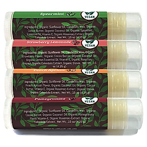 Earth's Daughter Vegan Lip Balm 4-pack, Beeswax Free Lip Balm, Natural, Organic Flavors - Assorted Flavors, Plant Based Vegan Chapstick, Moisturizer