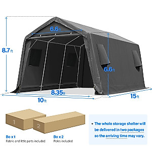 ADVANCE OUTDOOR 10X15 ft Garage Shelter Steel Metal Peak Roof Anti-Snow Portable Storage Shed Carport for Motorcycle Boat, or Garden Tools with 2 Roll up Doors & Vents, Gray