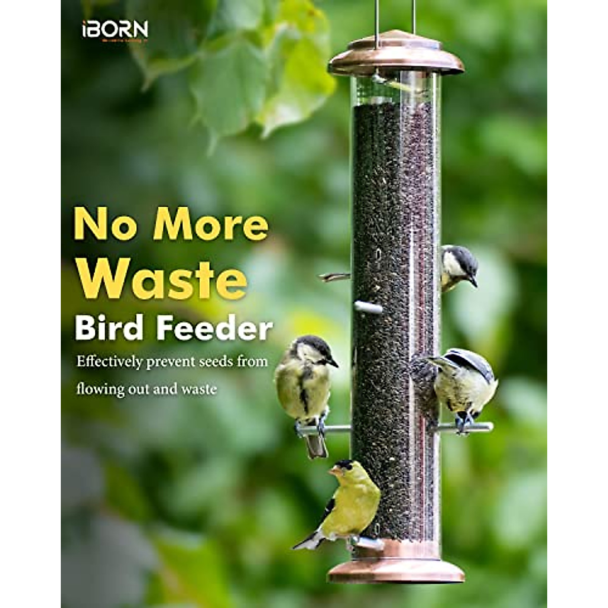 iBorn Metal Bird Feeder Thistle Bird Feeder,Finch Feeders for Thistle Seed,Tube Feeder Hanging Hook 14 Inch Brushed Copper