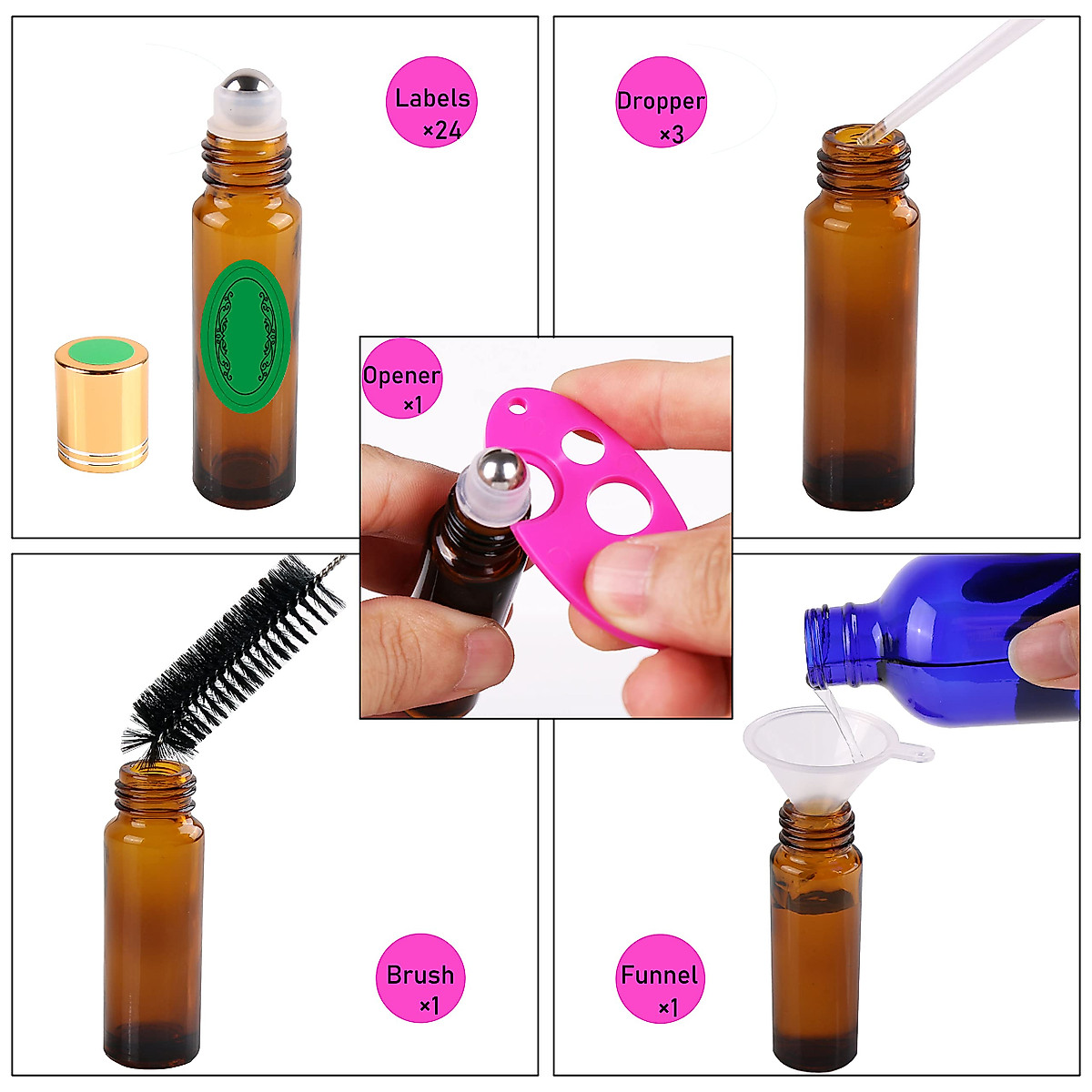 inice 24 Pack Amber Galss Roller Bottles for Aromatherapy Essential Oils,10ml Roll On Bottles with Stainless Steel Roller Balls Metal Cap