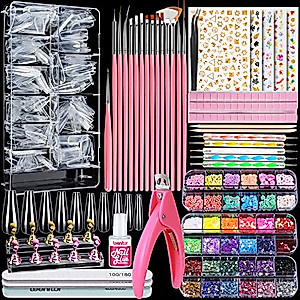 Acrylic Fake Nails Kit, Teenitor Press On Nail Supplies with Clear Coffin Nail Tips Nail Stand Nail Art Brushes Dotting Pen Glitter Sequins Stickers Rhinestones Nail Decorations Nail Starter Kit