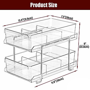 DYFAIS 2 Tier Clear Organizer with Dividers, Multi-Purpose Slide-Out Storage Container, Kitchen Pantry Medicine Cabniet Bins, Bathroom Vanity Counter Organizing Tray, Under Sink Closet Organization