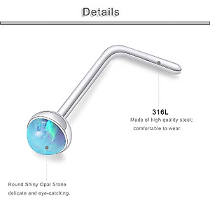 Yaalozei 20G Nose Rings Stud Piercing Jewelry for Women Surgical Stainless Steel Silver L Shaped Bend Curved Opal Nose Stud hypoallergenic Cute Nose Nostril Ring Stud Piercing Jewelry Men Diamond 2MM