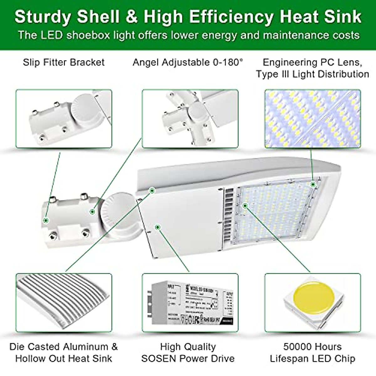 OSTEK LED Parking Lot Lights 150W 21000LM LED Shoebox Street Pole Lighting Fixture 5000K, Waterproof Outdoor Commercial Area Road Lighting for Stadium Roadways 100-277V DLC UL