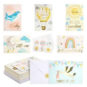 Pipilo Press 24 Sets Unisex Baby Shower Cards with Envelopes and Sticker Seals, 6 Designs for Girl or Boy (4 x 6 In)