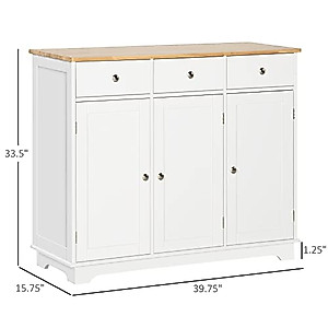 HOMCOM Sideboard Buffet Cabinet with Drawers, Kitchen Cabinet, Coffee Bar Cabinet with Rubberwood Top and Adjustable Shelves for Living Room, Kitchen, White