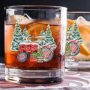 Toasted Tales Merry Christmas Tractor Christmas Drinking Glasses | 11 oz Bourbon Whiskey Rock Glass | Novelty Christmas Whiskey Tasting Glasses | Christmas Home Décor Accessory | Holiday Glassware