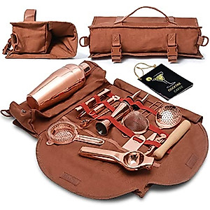 Travel Bartender Kit with Bag | 17-Piece Copper Bar Tool Set & Portable Bar Bag with Shoulder Strap for Easy Carry and Storage | Best Rose Gold Travel Bar Set for Cocktail Making