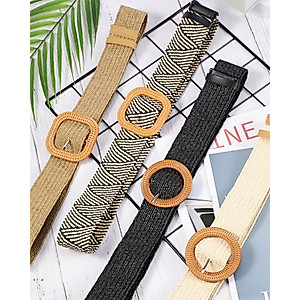 WILLBOND 4 Pcs Straw Woven Belt Elastic Stretch Rattan Buckle Waist Belt Women Skinny Raffia Dress Waist Band(Retro Color,Large)