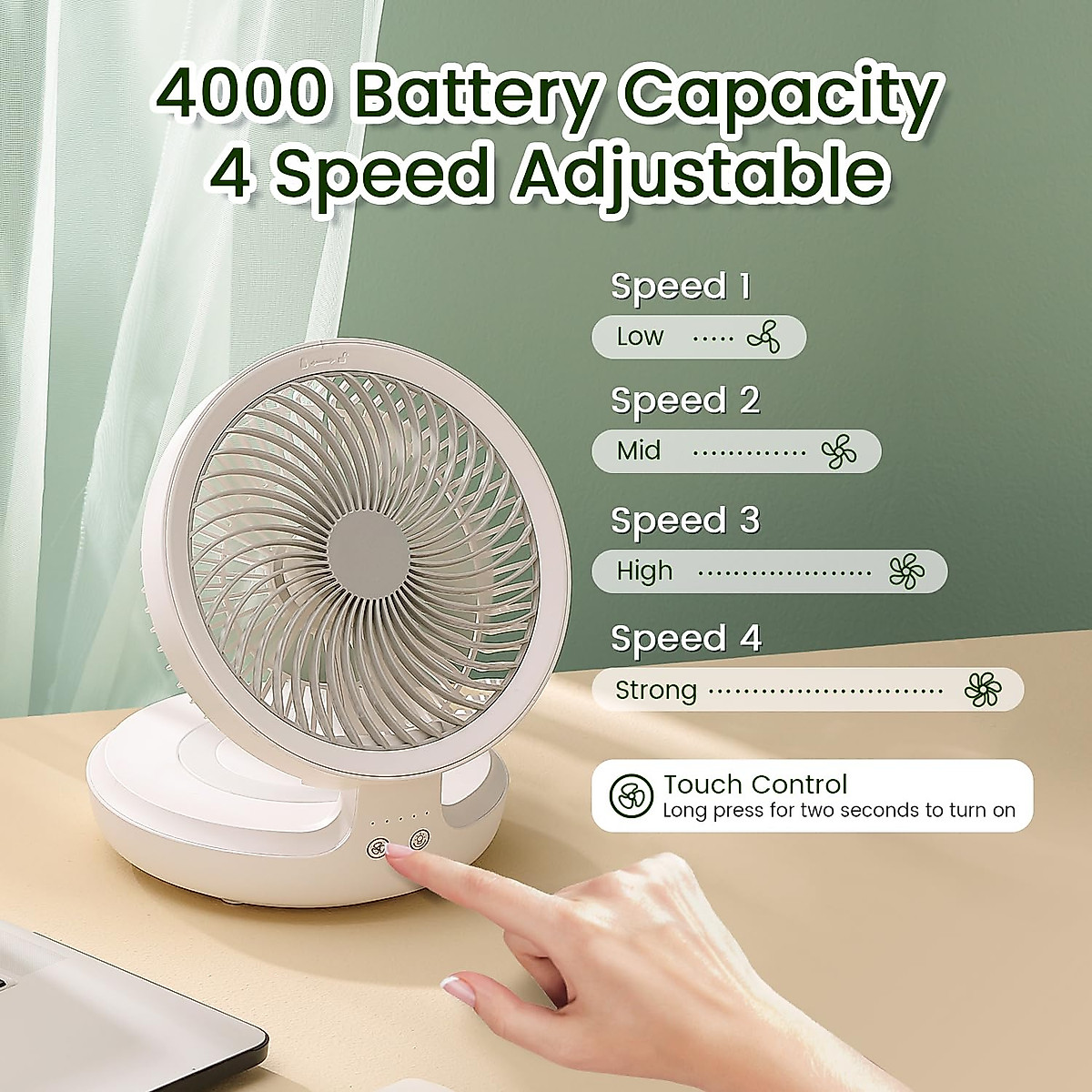 EDON Table Fan, Rechargeable Battery Operated Desk Fan with Auto Oscillation 90 Foldable Ultra Quiet 4 Speeds Light, Portable Air Circulator Fan with Hook, Wall Fan for Bedroom Home Desktop