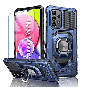 for Samsung Galaxy A53 5G | A53 5G UW Case: with Tempered Screen Protector & Built in 360° Adjustable Ring Kickstand Shockproof Protection TPU Bumper Armor Phone Cover for Samsung A53 - Blue