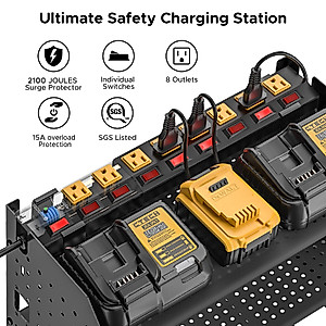 CRST Power Tool Organizer Wall Mount with Individual Switched Power Strip, Cordless Drill Holder with Charging Station, Modular Garage Organization Storage Rack Shelf, Pegboard, Gift for Man (Black)