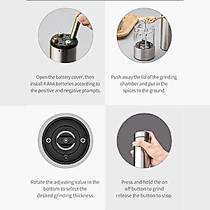 Electric Pepper Grinder，Electric Salt Grinder, adjustable coarseness, LED light, one hand automatic operation, dust cap (Single(1pc))