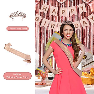 RUBFAC 248pcs Rose Gold Birthday Party Decorations Kit for Women Girls, Happy Birthday Banners, Balloons, Tablecloth, Table Runner, Sash, Tiara, Plates, Cups, Napkins Straws Party Supplies