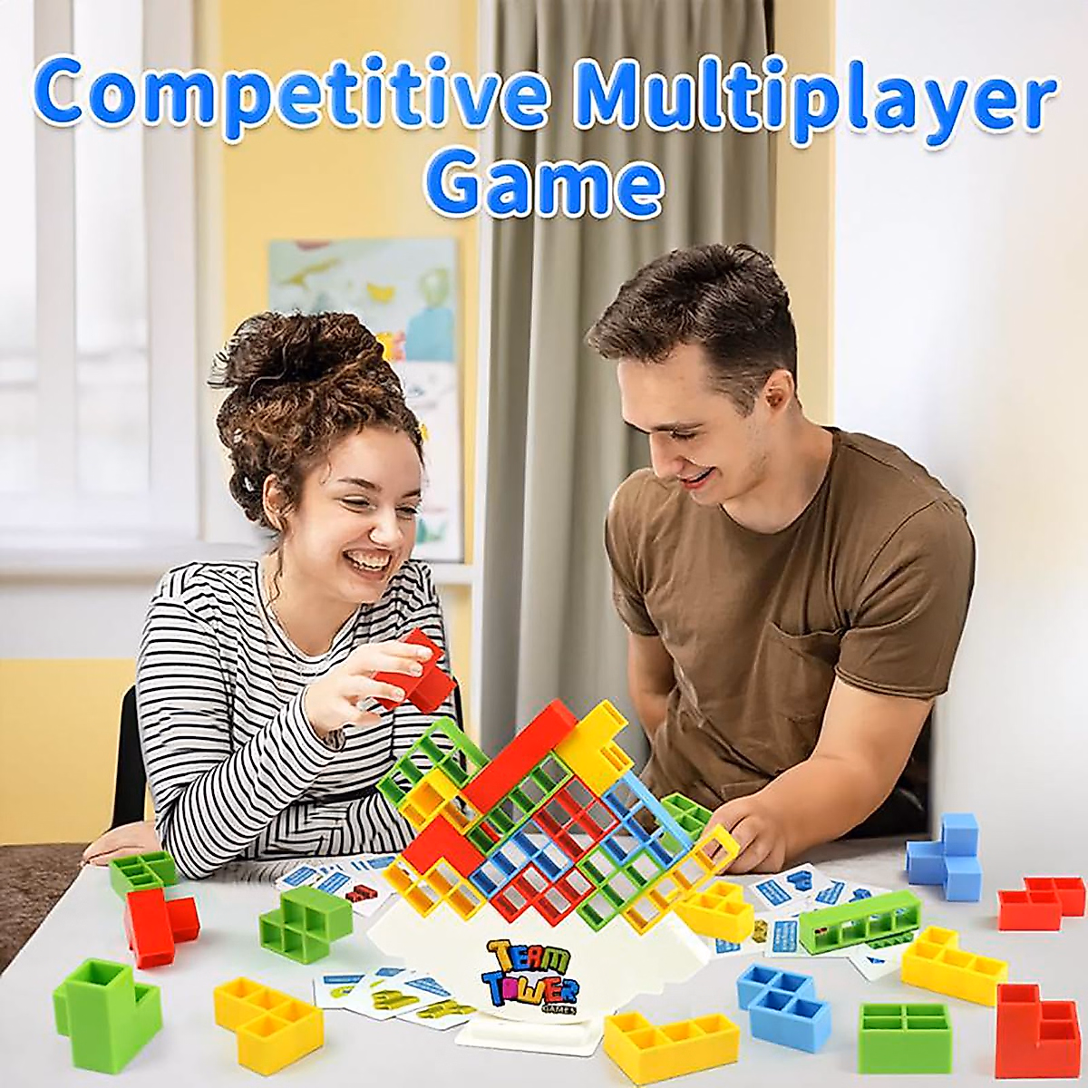 Inno2Eleph 48 Pcs Tower Balance Stacking Game for Kids and Adults, Balanced Board Games for Kids 8-12, Two Players Team Versus Stack Attack Card Games(Two Bases, More Ways to Play