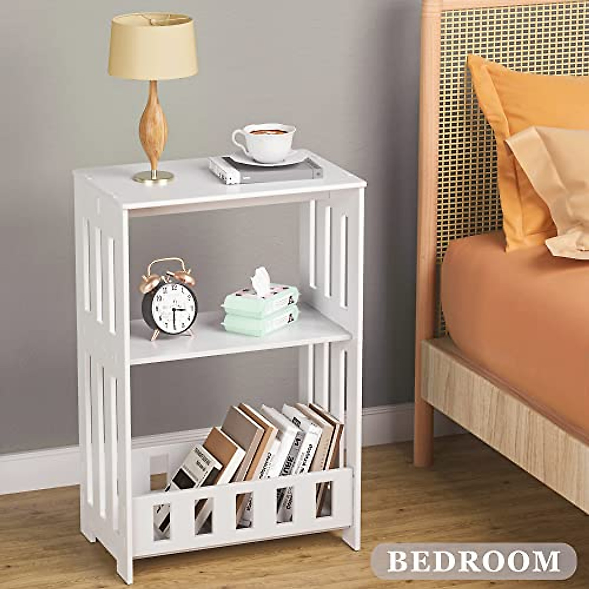 HAYOFAMY Side Table Night Stand, 3 Tier Narrow End Table with Display Shelf, Small Bookcase Bookshelf, Simple Bedside Table Storage Rack for Bedroom, Living Room, Office, Bathroom, White