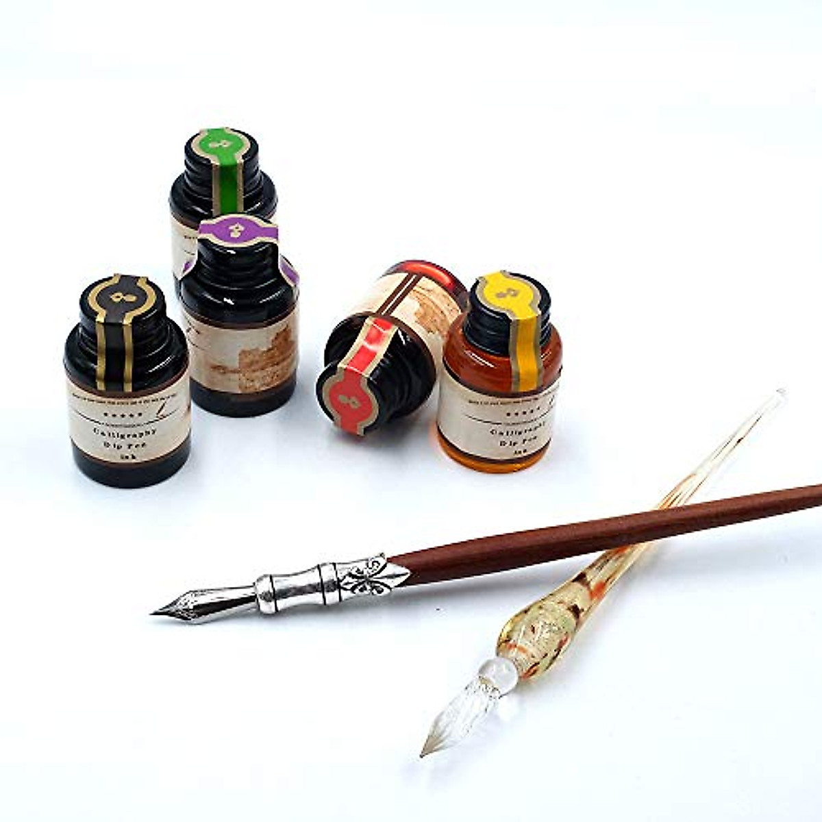 GC QUILL MU-02 Calligraphy Pen Set, Glass Dip Pen and Handcrafted Wooden Dip Pen Gift Set with 5 Colors Calligraphy Ink 6 Nibs 1 Pen Holder, Calligraphy Set for Beginners