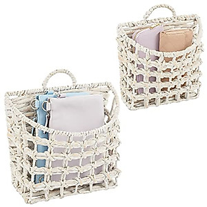mDesign Woven Hyacinth Hanging Wall Mount Storage Organizer Basket - Rustic Hangable Mounted Market Baskets for Kitchen, Bathroom, Shelf - Holds Floral, Food, and Mail - Set of 2 - White Wash
