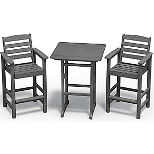 SERWALL Balcony Adirondack Chairs and Table 3 Pieces Set, Adirondack Bar Height Chairs Set of 2 and Bar Table, Outdoor Bar Stools Set, Gray