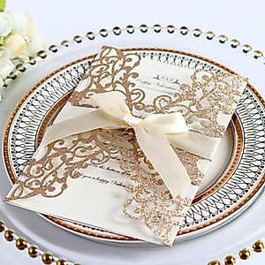 Wedding Invitation Cards,10PCS Hollow Floral Design Invites Card with Ribbon Best for Bridal Showers, Engagement Parties, Includes 10x [Covers + Blank Card +Ribbon] (Glitter Silver)