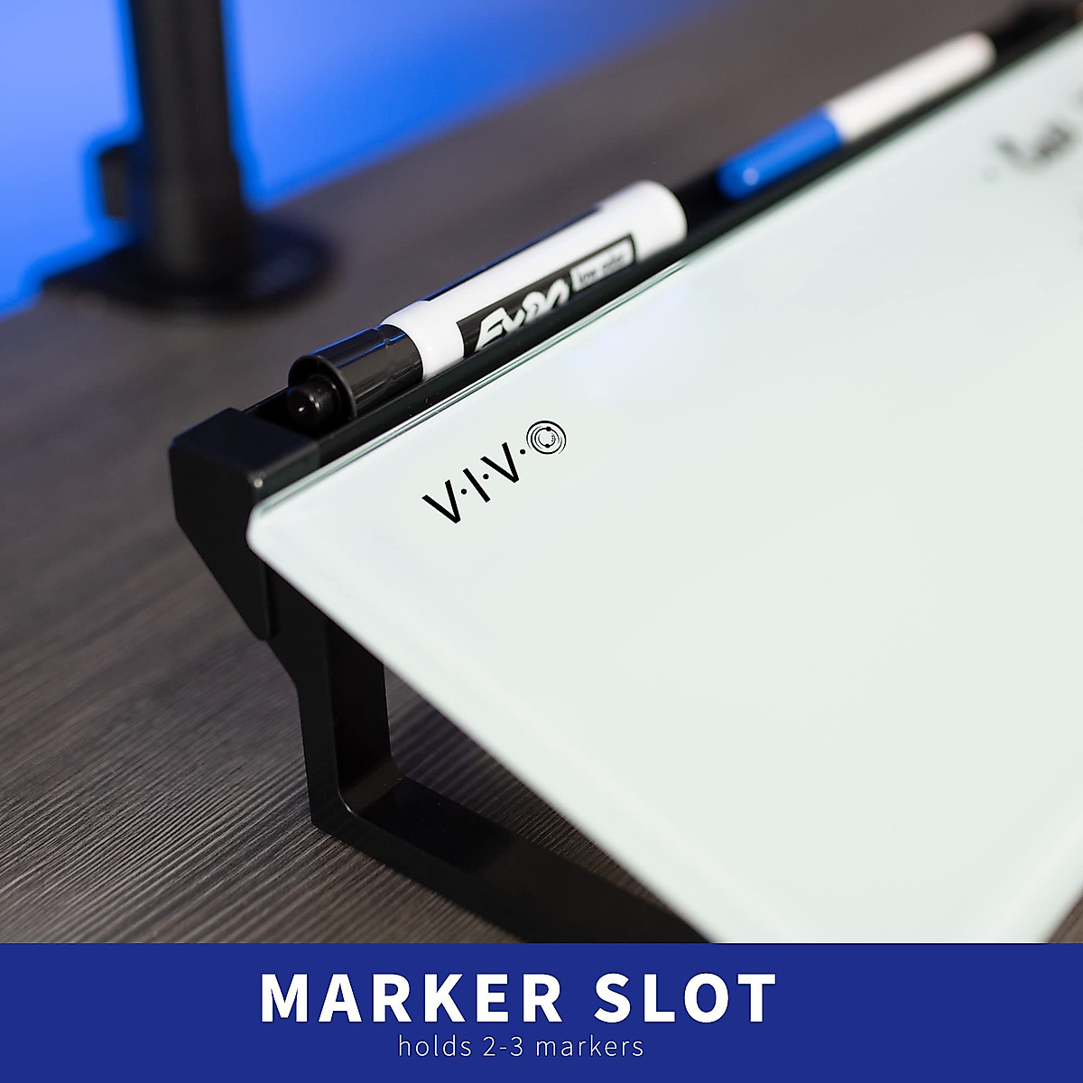 VIVO Glass 16 x 7 inch Desktop Whiteboard with Marker Slot and Open Storage, Dry Erase Non-Streak White Surface, Black Frame, DESK-WB16D