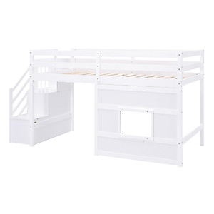 THINK 30 Wood Loft Bed with Storage Staircase and Window,No Box Spring Required, Twin Size, White