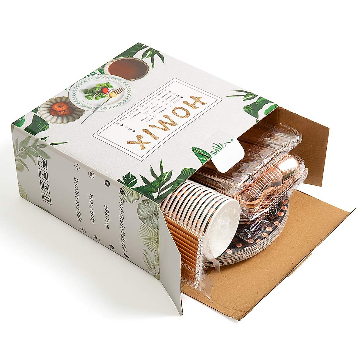 HOMIX Black and Rose Gold Party Supplies - Rose Gold Dot on Black Paper Plates Napkins Straws and Cups Silverwares Serves 25 for Wedding Bridal Shower Birthday Bachelorette Party Decorations