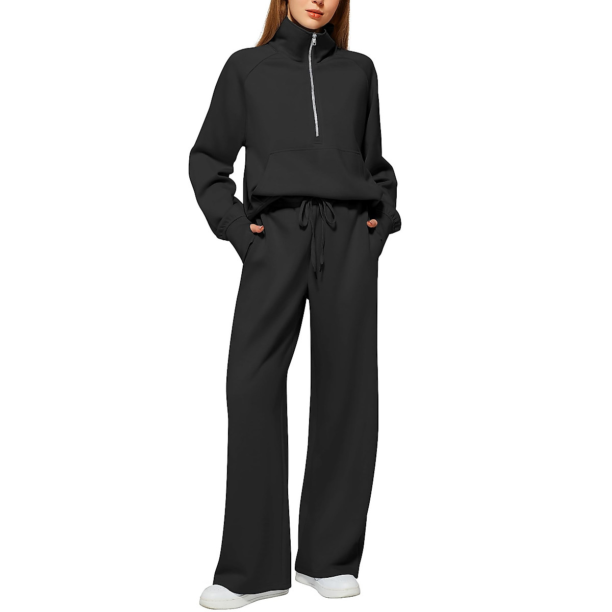 Casly Lamiit Lounge Sets for Women Trendy Half Zip Sweatshirt Wide Leg Sweatpants Lounge Matching Set Tracksuit Sweatsuit 2024 Fall Winter Clothes Set 2 Piece Outfits Black L
