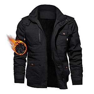 TACVASEN Men's Winter Jacket Cotton Military Jackets Fleece Lined Thick Work Coats Warm Cargo Jackets with Hooded Black XL