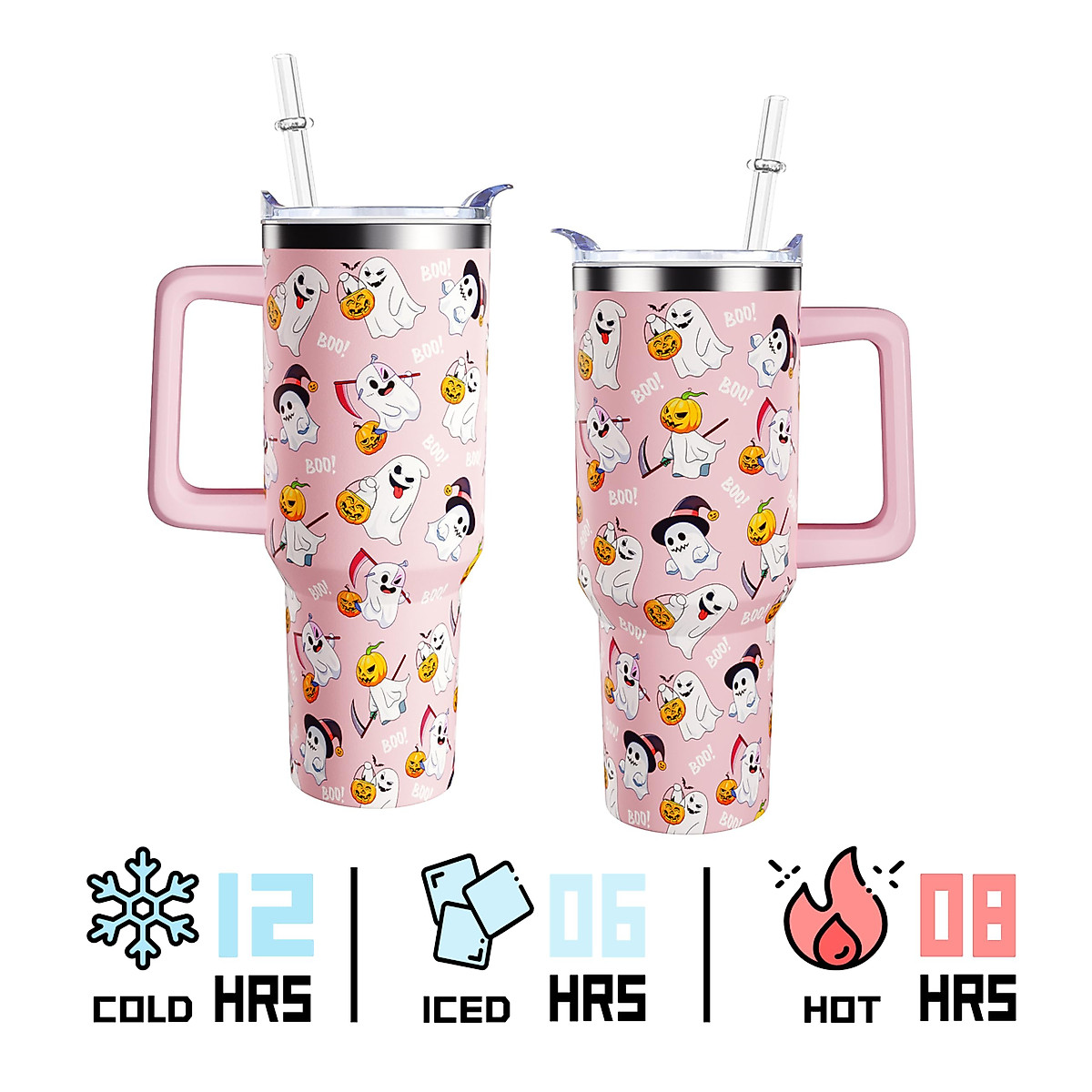 mvhsuoem 40 oz Pink Halloween Tumbler with Handle Lid and Straw 40oz Ghost Tumbler Double Stainless Steel Insulated Halloween Ghost Cups Halloween Gifts for Women