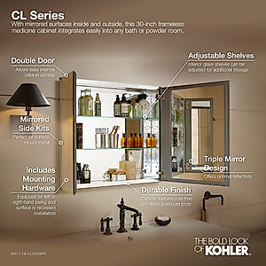 KOHLER CB-CLC3026FS CLC Flat 30" W x 26" H Two Medicine Cabinet with Mirrored Doors, Beveled Edges, 30x26x5 inches, Anodized Aluminum