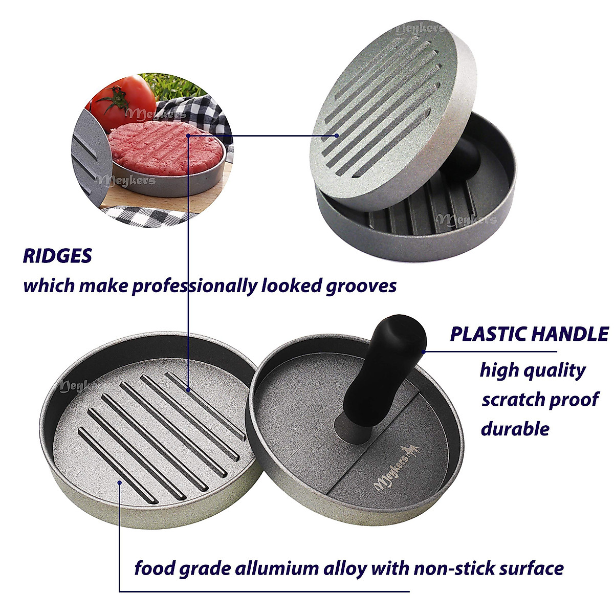 Meykers Burger Press 100 Patty Papers Set | Non-Stick Hamburger Press Patty Maker Mold with Free Wax Patty Paper Sheets | Meat Beef Cheese Veggie Burger Maker for Grill Griddle BBQ Barbecue | BPA Free