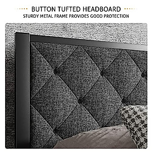SHA CERLIN Queen Metal Platform Bed Frame,Upholstered Fabric Button Tufted Headboard, Mattress Foundation with 17 Strong Metal Slats Support, No Box Spring Needed, Easy Assembly, Dark Grey