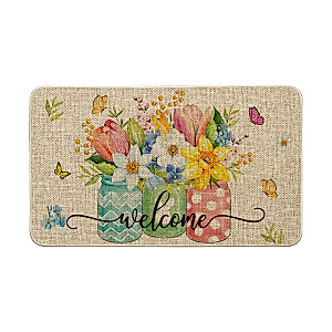 Artoid Mode Butterfly Daisy Flower Vase Welcome Decorative Doormat, Seasonal Low-Profile Rug Switch Mat for Indoor Outdoor 17x29 Inch