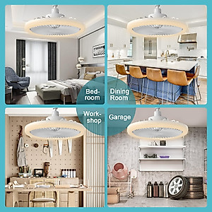 Ceiling Fan with Lights and Remote - Small Ceiling Fan Light 10 inch Bladeless Screw in Socket Fan Dimmable 3 Colors LED Lights E27 Base Mini Fandelier Ceiling Fan for Bedroom Kitchen Indoor White