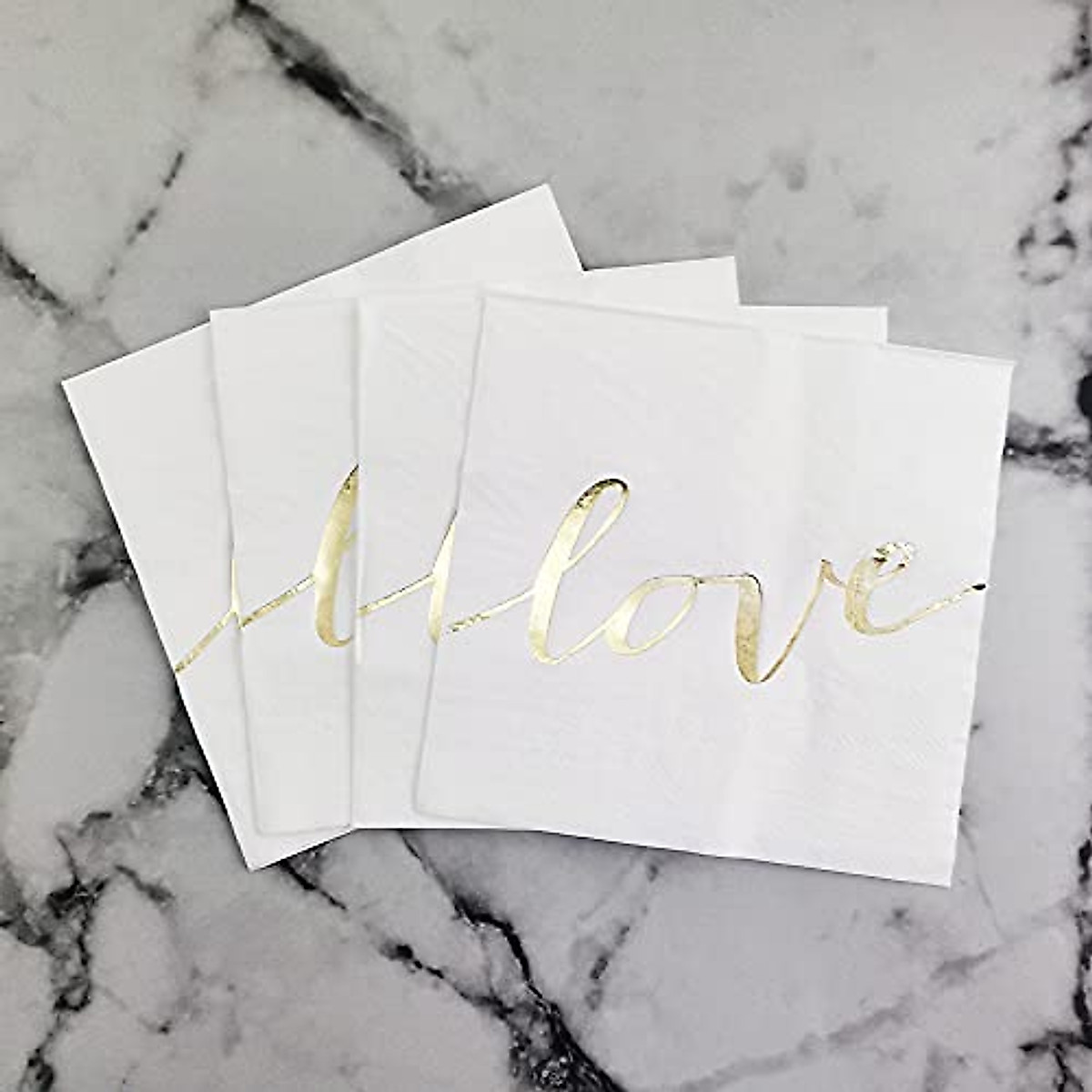 Dulousia White Luncheon Paper Napkins Stamped with Sparkle Gold Love - Folded 6.5 x 6.5inch for Wedding, Bridal/Baby Shower, Dinner Birthday Party (48Count)
