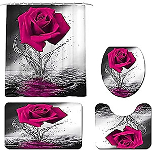 4PCS Fushia Rose Shower Curtains with Rugs Bath Mat Toilet Lid Cover and 12 Hooks Waterproof Rose Flower Bathroom Shower Curtain Set