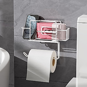 X-cosrack Toilet Paper Holder with Shelf, Wall Mount/Adhesive Matte White Toilet Paper Holder, Wipes Dispenser for Bathroom, Metal Bathroom Toilet Paper Holder for Kitchen, Bedroom