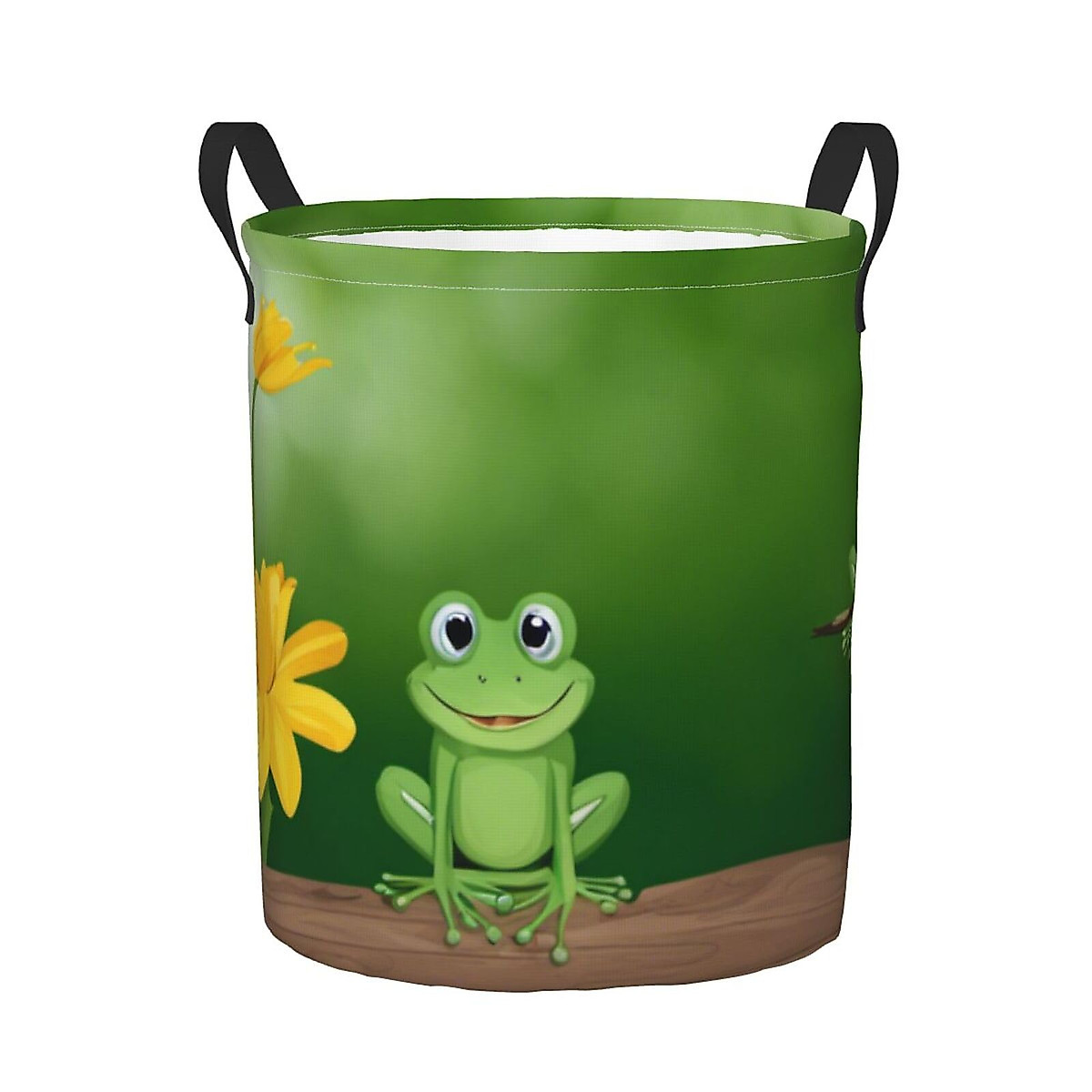 Delerain Frog Yellow Flower Laundry Basket, Waterproof Laundry Hamper with Handles, Collapsible Toy Bins Dirty Clothes Round Storage Basket for Home Bathroom Office Nursery, 19.6X15.7(M)