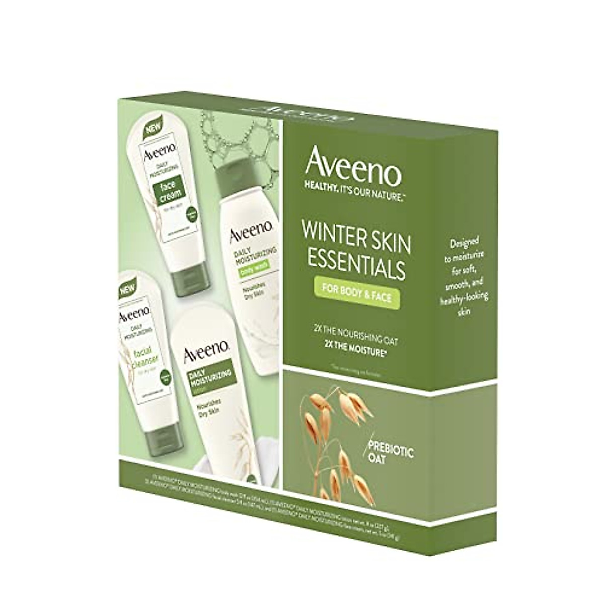 Aveeno Daily Moisturizing Winter Skin Essentials Skincare Set for Face & Body with Daily Moisturizing Body Lotion, Body Wash, Facial Cleanser, and Face Cream, Gift Set, 4 Items