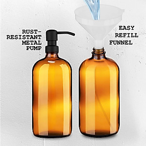 kitchentoolz Large Pump Bottle - 32 Ounce Glass Shampoo and Soap Dispenser - Amber