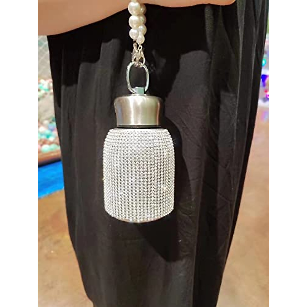 Bling Stainless Steel Diamond Water Bottle Crystal Rhinestone Cute Vaccume Insulated Thermal Flask with Chain and Pearl Bracelet (300ml/10.2oz)