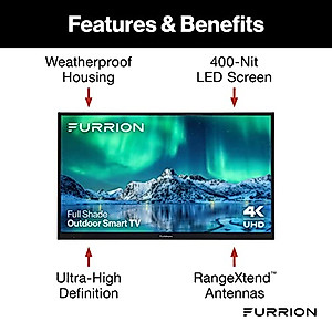 Aurora 50-Inch Full-Shade 4K LED Outdoor Smart TV - Weatherproof HDR10 LED Outdoor Television with Anti-Glare, 400-Nit LED Screen, RangeXtend External Antennas for Fully Shady Outdoor Living Areas