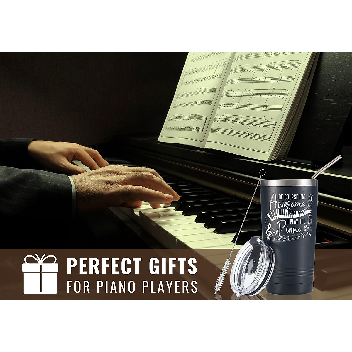 Onebttl Piano Gifts for Piano Players for Men, Women, Piano Teacher and Piano Lovers, 20oz/590ml Stainless Steel Insulated Tumbler Coffee Mug with Straw & Lid - I Play the Piano
