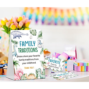 Baby Shower Games Family Traditions Sign, 1 Standing Sign and 50 Cards, Green Leaf Dinosaur Gender Neutral Decoration, Gender Reveal Party, Bridal Shower Favor Supplies-LT54