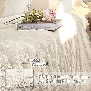 BOPRIO Throw Blanket Fuzzy Plaid Blanket for Sofa Couch or Bed, Queen Size 330GSM Luxury Fleece Soft Warm Blanket for All Seasons, 60 x 90 Inch Cream