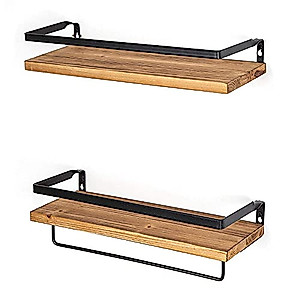 Floating Shelves for Wall 2 Pack, Wall Mounted Storage Shelves with Black Metal Frame and Towel Rack for Bathroom, Bedroom, Living Room, Kitchen, Office