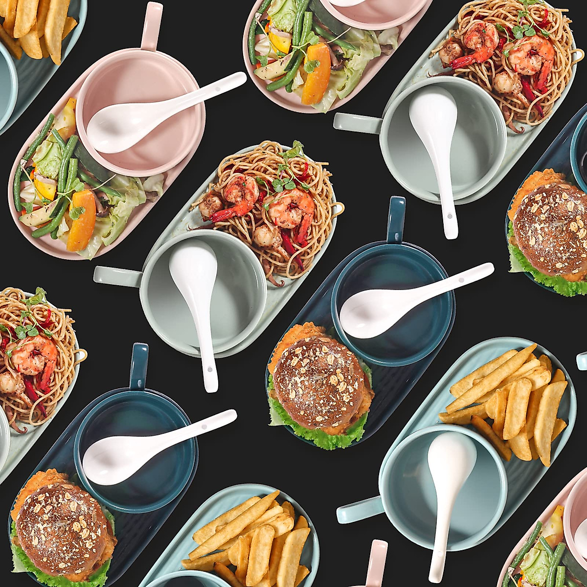 Artena Pasta Bowls Set Of 4, 20oz Porcelain Salad Bowls, 8 Inch Bowls For Kitchen, Colorful Dinner Plates & Solid Soup and Sandwich Plate Combo, 16 oz Soup Bowls/Mugs/Cups with Handles