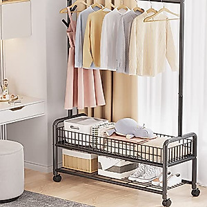 OTBK Rolling Metal Coat Rack Two Shelves Clothing Hooks Garment Rack Organizer with Wheels Bottom Shelves for Clothes Hats Bags (Color : Black)